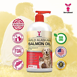 Pure Wild Alaskan Salmon Oil for Dogs, Cats, Ferrets - 32 oz Liquid Omega 3 Fish Oil, Pump on Food - Unscented All Natural Supplement for Skin and Coat, Joints, Heart, Brain, Allergy, Weight, Immune