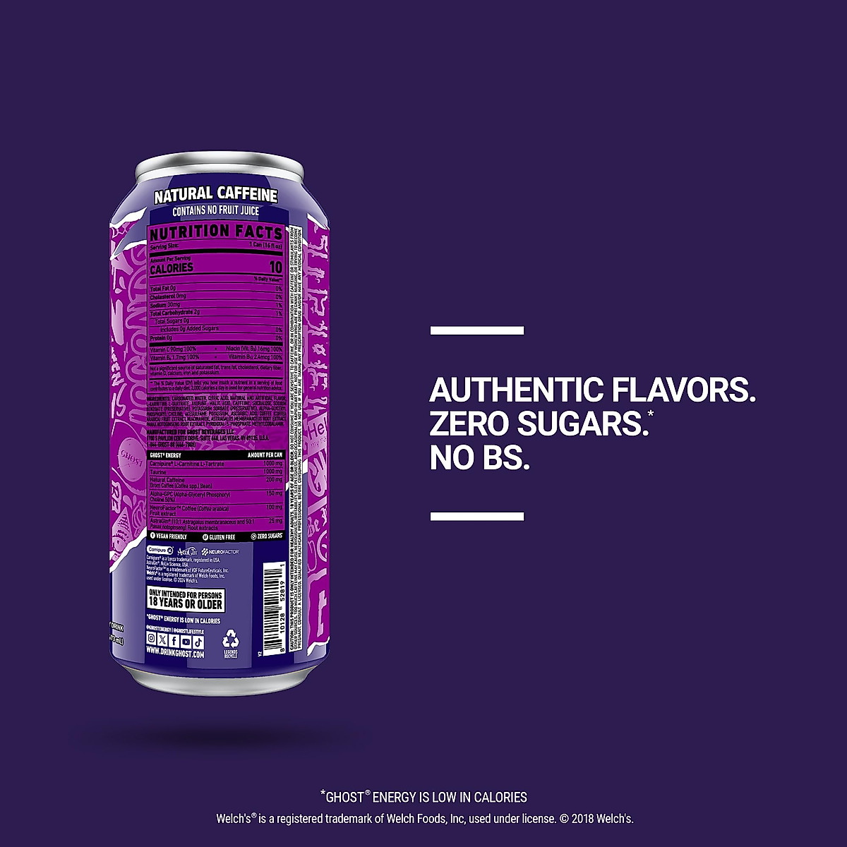 GHOST Energy Drink - 12-Pack, Welch's Grape, 16oz Cans - Energy & Focus & No Artificial Colors - 200mg of Natural Caffeine, L-Carnitine & Taurine - Gluten-Free & Vegan