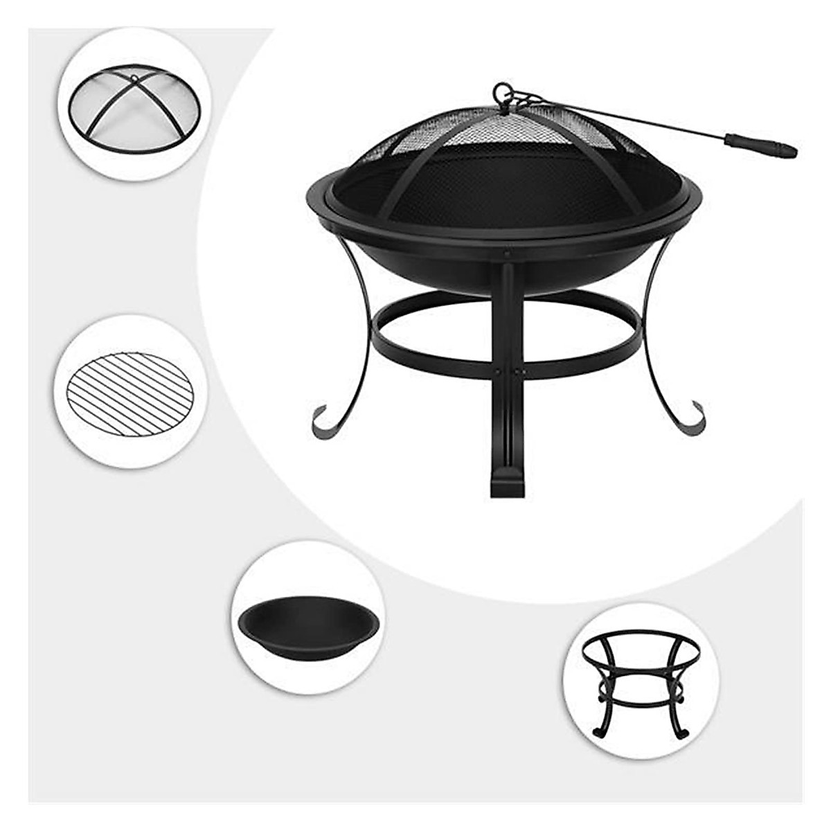 LIUXUEFE Fire Pit, 22-inch Outdoor wo-od-Burning Grill, Steel Fire Bowl with Spark Screen, Log Fire Grate, Camping Beach Poker