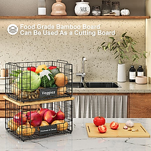 2 Pack XXL Stackable Wire Baskets with Bamboo Top for Pantry Organizers and Storage, Kitchen Organization Counter Basket for Fruit, Vegetable, Produce, Bread, Potato and Onion Storage Bins