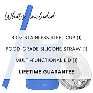 CUPKIN Stackable Stainless Steel Kids Cup Smoothie Tumbler, Powder Coated Insulated Tumblers, BPA Free Lid and Silicone Straw 8 Fl Oz (Pack of 1), Blue