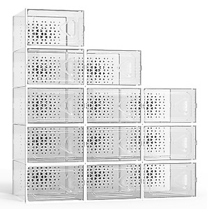 Ancofoo X-Large Shoe Storage Organizer Boxes, Clear Shoe Boxes Stackable Shoe Organizer for Closet, Shoe Containers Bins with Lids, Space Saving for Entryway, White, 12 Pack, Fit Size 11