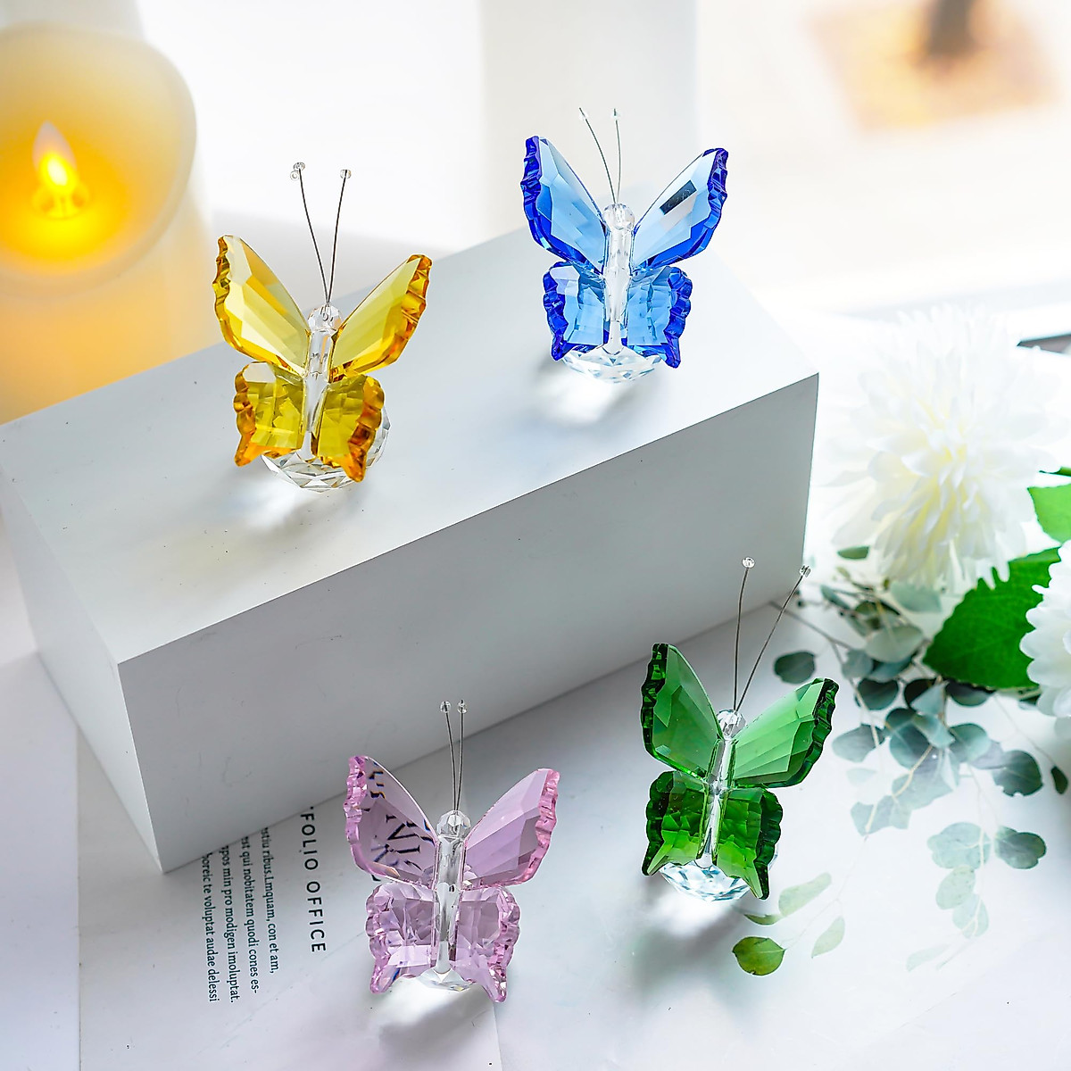 H&D HYALINE & DORA Crystal Flying Butterfly with Crystal Ball Base Figurine Collection Cut Glass Ornament Statue Animal Collectible Pack of 4