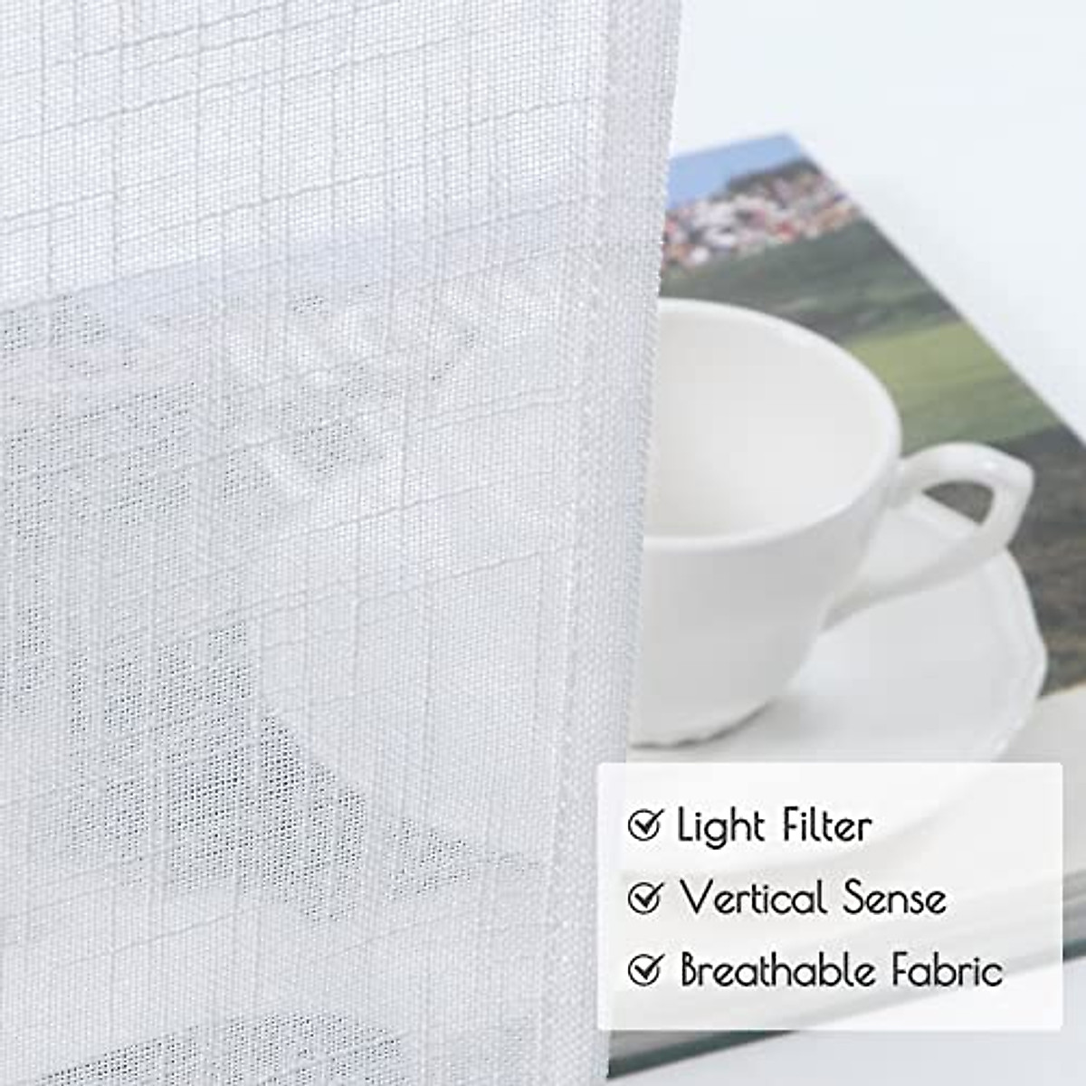 Home Queen White Sheer Burlap Linen Cafe Curtains, Semi Sheer Drapes for Kitchen Window Over Sink, 45 Inch Length 2 Pack