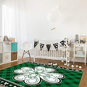 Area Rugs 2 x 3 Feet for Living Room Carpets St. Patrick's Day White Four-Leaf Clover on Green Buffalo Plaid Machine Washable Non-Slip Floor Mat for Indoor Bedroom Farmhouse Home Decor