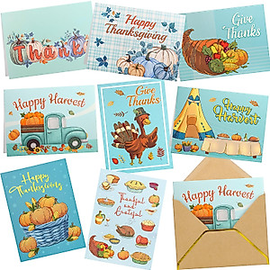 WorldBazaar Glitter Thanksgiving Greeting Cards with Envelopes 24 Pack Blue Thanksgiving Blank Inside Cards Bulk Party Supplies Turkey Harvest Thanks