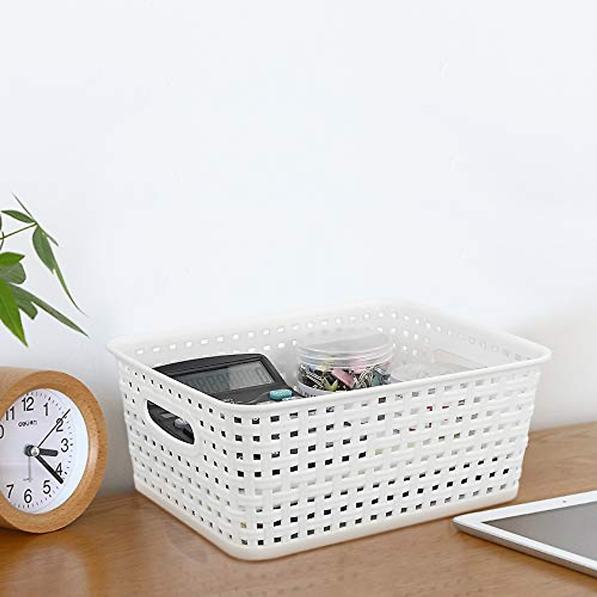 Saedy 6 Packs Plastic Weave Pantry Storage Baskets Bin, 10.03" x 7.59" x 4.09", White