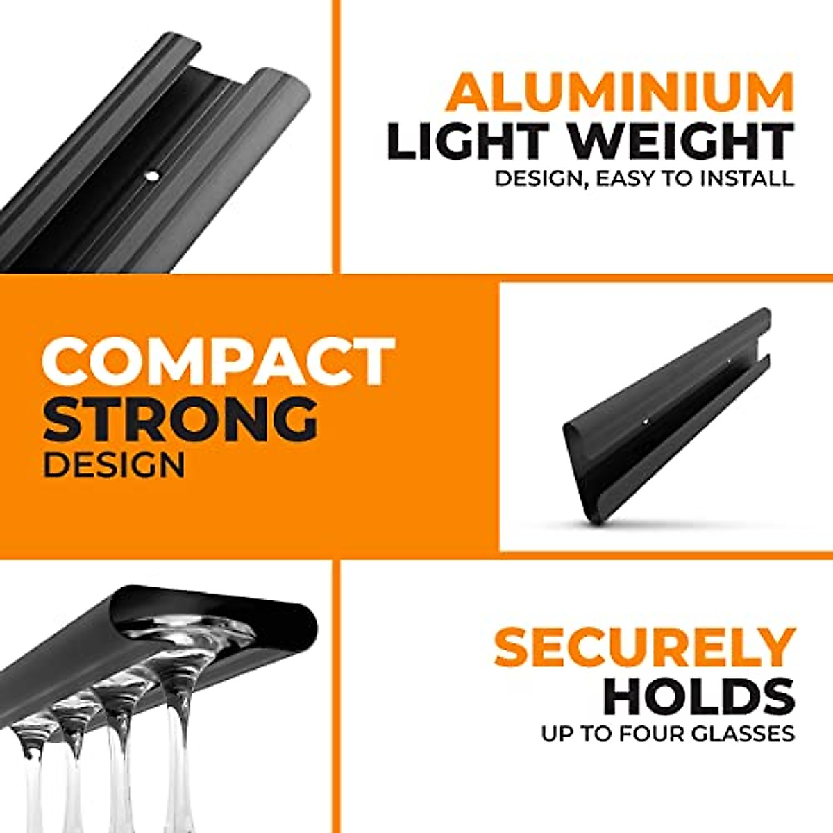 AA Brothers Aluminum Wine Glass Rack 2 Pack, Under Cabinet Wine Glass Holder, Under Shelf Mounted Stemware Rack for Bar Kitchen, Hanging Stemware Rack Organizer Hanger, Black