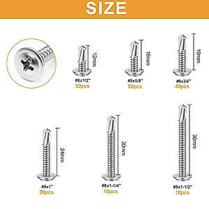 VIGRUE 185Pcs #8 Truss Head Self Tapping Screws, 410 Stainless Steel Low Profile Self Drilling Tek Screw Assortment Kit, Length 1/2'' to 1-1/2''