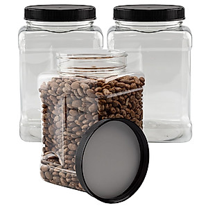 Cornucopia 48oz Square Plastic Jars (3-Pack); Clear Rectangular 6-Cup Canisters w/ Black Lids, Easy-Grip Side