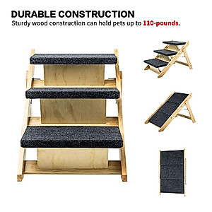 MEWANG Wood Pet Stairs/Pet Steps - Foldable 3 Levels Dog Stairs & Ramp Perfect for Beds and Cars - Portable Dog/Cat Ladder Up to 110 Pounds