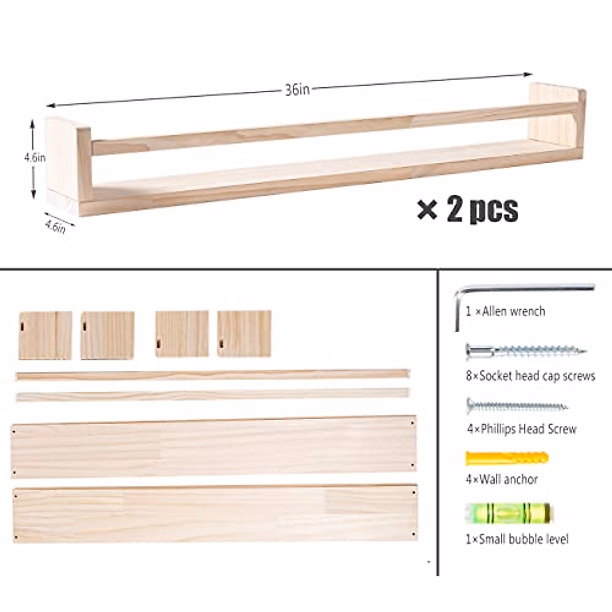 AZSKY Nursery Bookshelf Set of 2,36 Inch Natural Wood Nursery Book Shelves Wall Bookshelves for Kids,Baby Floating Bookshelves for Wall,Bathroom Living Room Decor,Can Be Dyed
