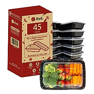 Reli. Meal Prep Containers, 38 oz. | 45 Pack | Large 1 Compartment Food Container w/Clear Lids | Microwavable Food Storage Containers |Black Reusable Bento Box/Lunch Box Containers for Food/Meal Prep