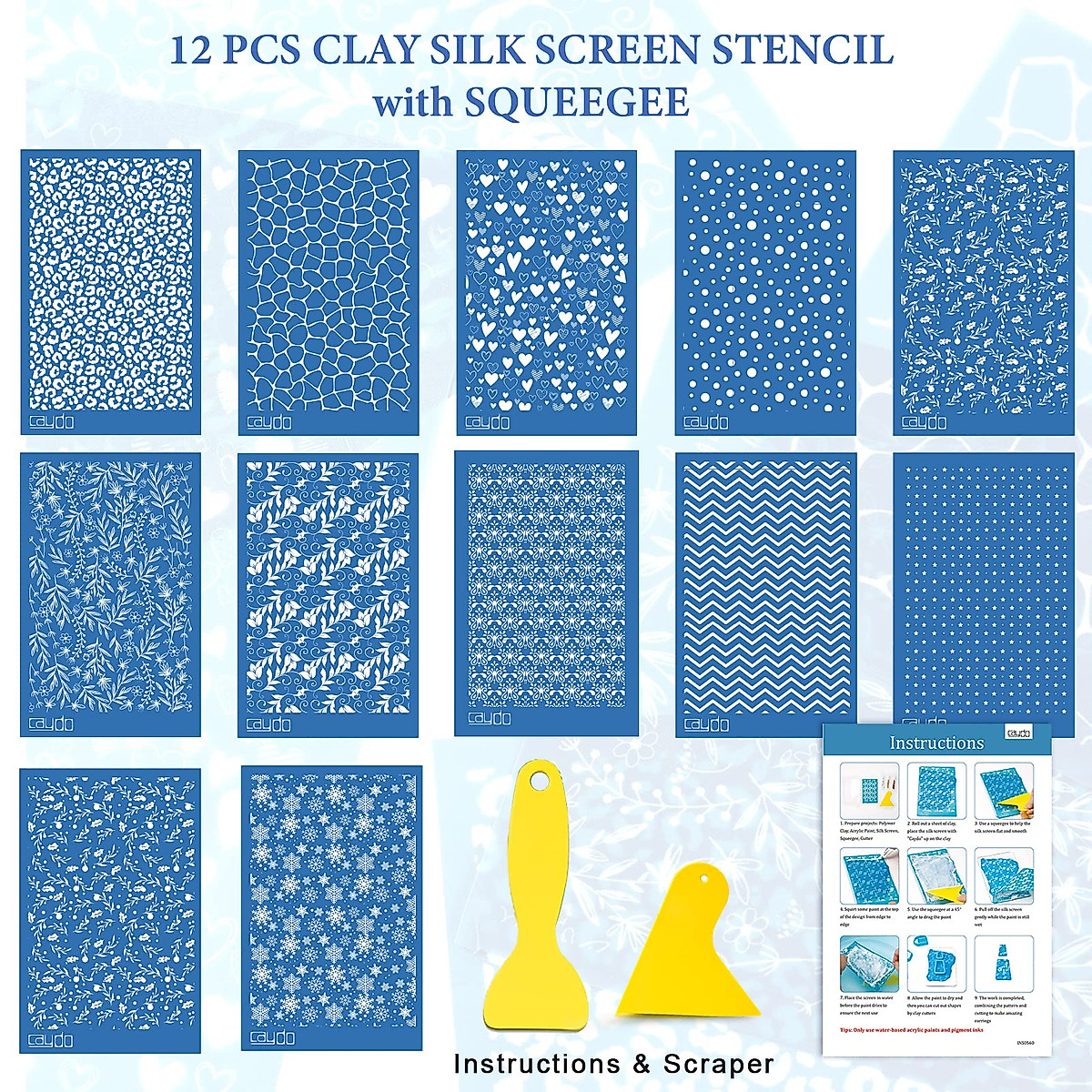 Caydo Silk Screen Stencils for Polymer Clay, 12 PCS Reusable Silkscreen Print with 2 Squeegee, Working with Clay Earrings Cutters for Printing on Clay Earrings Decoration(6 x 3.8 inch)