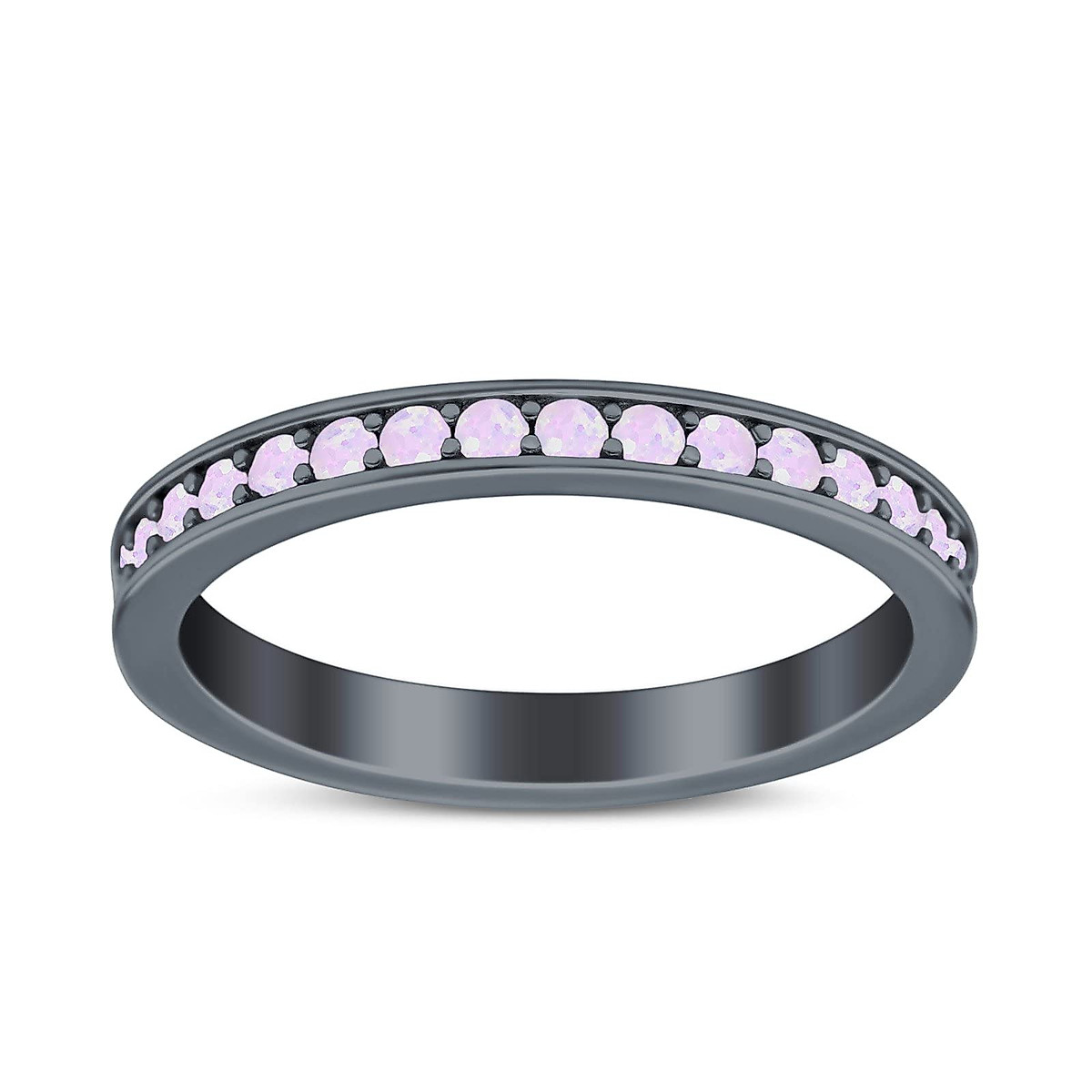Black Tone, Lab Created Pink Opal Size-5 Full Eternity Stackable Band Wedding Engagement Bridal Ring CZ 925 Sterling Silver