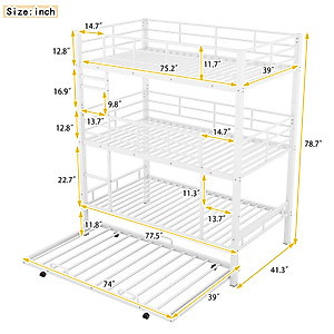 Harper & Bright Designs White Triple Bunk Bed with Trundle, Twin Over Twin Bunk Beds, Metal Quad Bunk Beds, 3 Bunk Beds with 2 Ladders & Guardrails, Convertible Heavy Duty Steel Frame