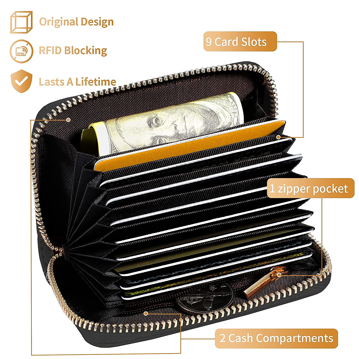 Credit Card Holder Wallet Case Womens Teen Girls Ladies Female Bee Genuine Cowhide Leather Small Black Rfid Blocking Wallets With Detachable Beaded Chain Zipper Around