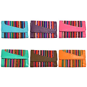 Mia Jewel Shop Multicolored Tribal Striped Print Leather Trifold Wallet ID Window Card Slots - Womens Fashion Handmade Bags Boho Travel Accessories (Blue)