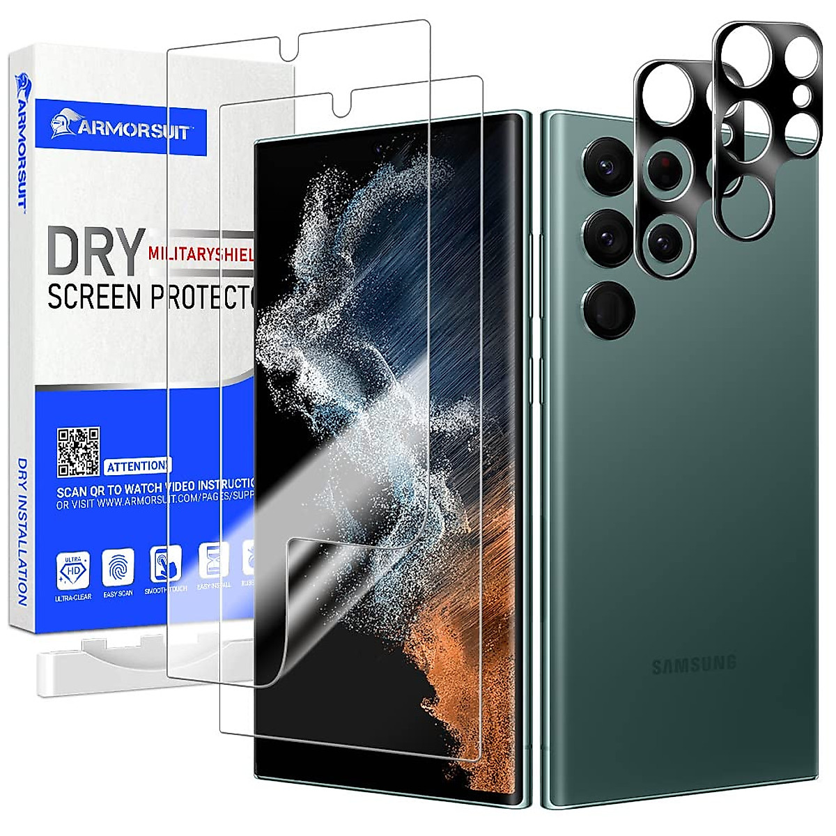 ArmorSuit [2+2 Pack DRY-Militaryshield for Samsung Galaxy S22 Ultra Screen Protector (Not Glass) + Camera Lens Tempered Glass Protector, Support Fingerprint Sensor (Dry Installation)
