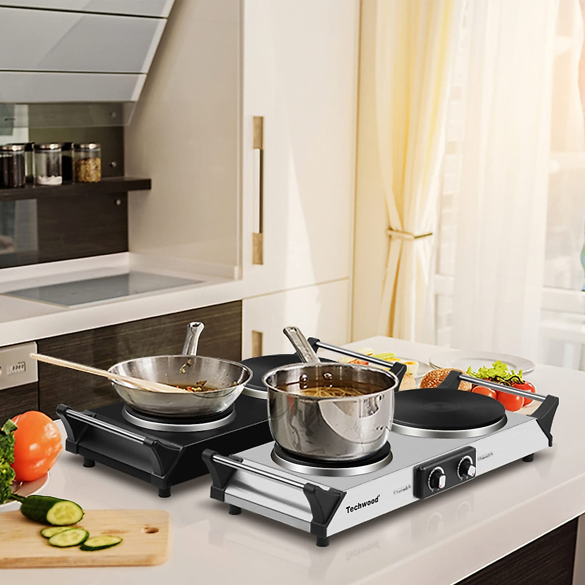 Hot Plate, Techwood Double Burner for Cooking, 1800W Countertop Electric Stoves with Adjustable Temperature & Stay Cool Handles, Dual Cooktop for RV/Home/Camp, Upgraded Version Stainless Steel, Silver