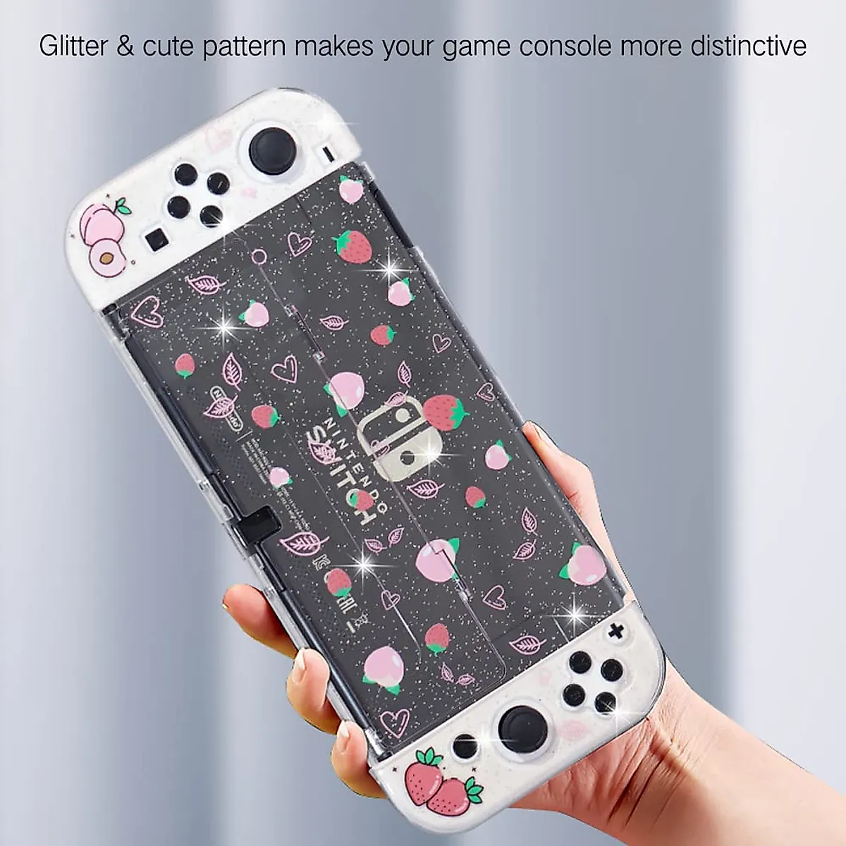 PERFECTSIGHT Glitter Protective Case for Nintendo Switch OLED Kirby Fans, Cute Bling Clear Soft TPU Slim Cover, Dockable Case for NS Console and Joy-Con Controller - Shock-Absorption Anti-Scratch