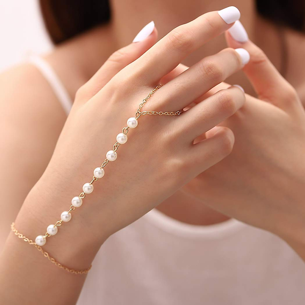 Chicque Boho Hand Chain Gold Pearl Finger Ring Bracelet Beads Hand Jewelry Wedding Finger Bracelet for Women and Girls
