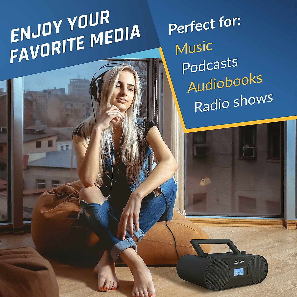 KLIM Boombox B4 CD Player Portable Audio System + AM/FM Radio with CD Player, MP3, Bluetooth, AUX, USB + Wired & Wireless Mode, Rechargeable Battery + Remote Control, Autosleep, Digital EQ + New