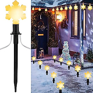 Christmas Snowflake Pathway Lights Outdoor, 14.3ft Plug in Walkway Lights Stake, Landscape Path Lights String for Christmas Lawn Garden Yard Decor, Hangable, Connectable, IP67 Waterproof, Warm White