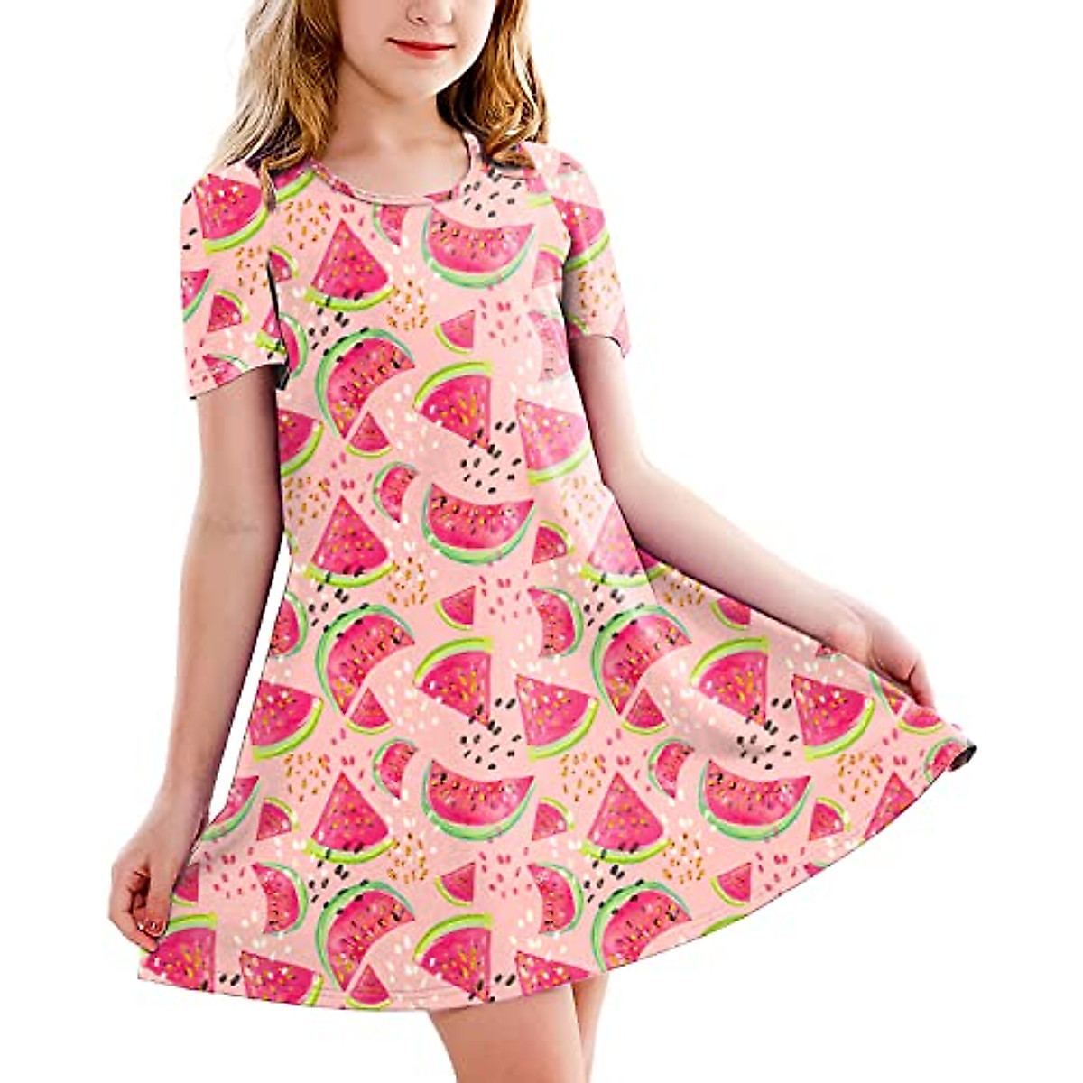 Summer Watermelon Dress Girl Short Sleeve Tshirt Dresses Tropical Pink Midi Flare Dress 11-12 Years