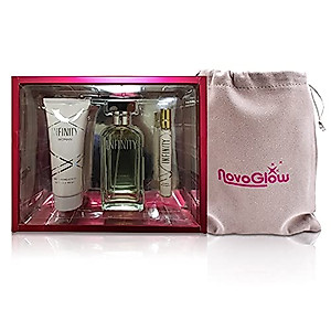 Infinity Perfume for Women 3 Piece Gift Set, 3.4 oz EDP Parfum, .05 oz Travel Perfume, 3.4 oz Moisturizing Lotion, With A NovoGlow Luxurious Suede Pouch