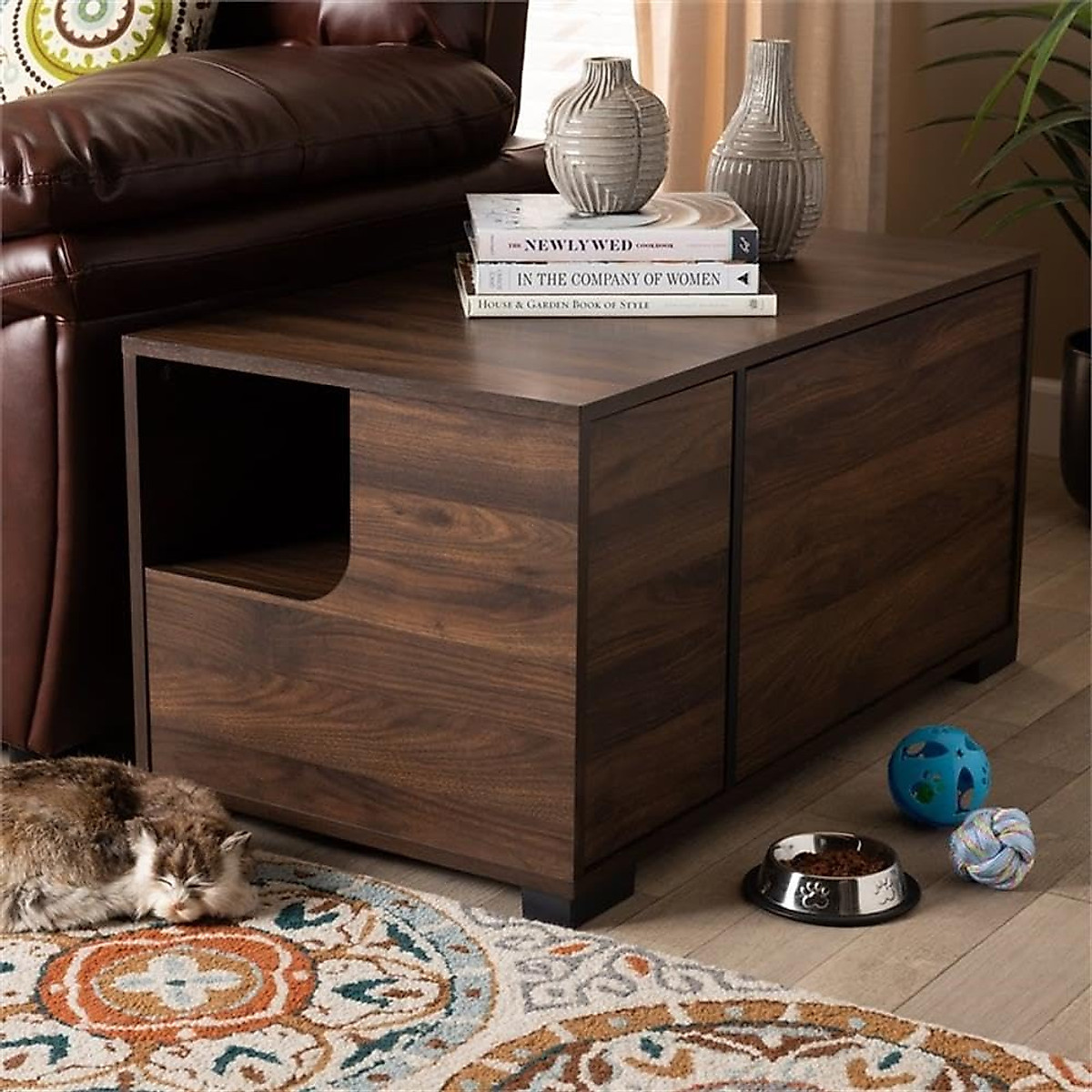 BOWERY HILL Modern Walnut Brown Finished 2-Door Cat Litter Box Cover House