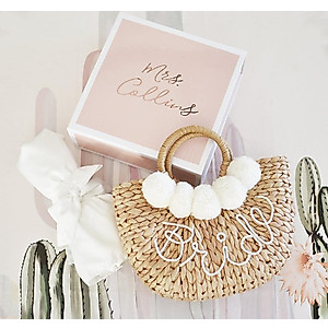 ModParty Bride Straw Purse | Honeymoon Bridal Shower Gift for Bride to Be | Handmade Summer Beach Tote Bag | Bride Bachelorette Party Outfit Essential | Straw Purse & Pom Poms