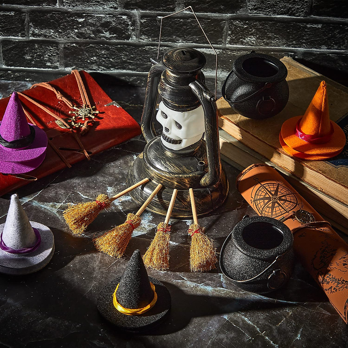 24 Pcs Halloween Mini Witch Hats, Mini Broom, Candy Cauldron Kettles, Halloween Decorations Witch Craft Miniatures Wizard Accessory, St Patrick's Day, Wizard Theme Party Decorations
