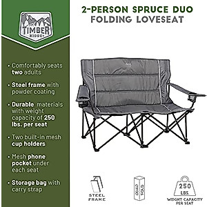 TIMBER RIDGE 2 Person Folding Loveseat Comfortable Double Foldable Camping Chair Folding Lawn chairs for Outside, Grey