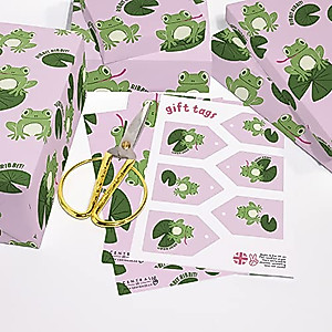 CENTRAL 23 All Occasion Wrapping Paper - 6 Sheets Pink and Green Gift Wrap - Cute Frogs - Vegan Ink - For Birthday, Christmas, Baby Shower - For Boys Girls Kids - Comes With Fun Stickers