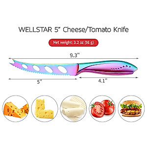 WELLSTAR Cheese Knife, Serrated Tomato Knife 5 Inch Sharp High Carbon Stainless Steel Blade for Cutting All Cheese Types - Rainbow