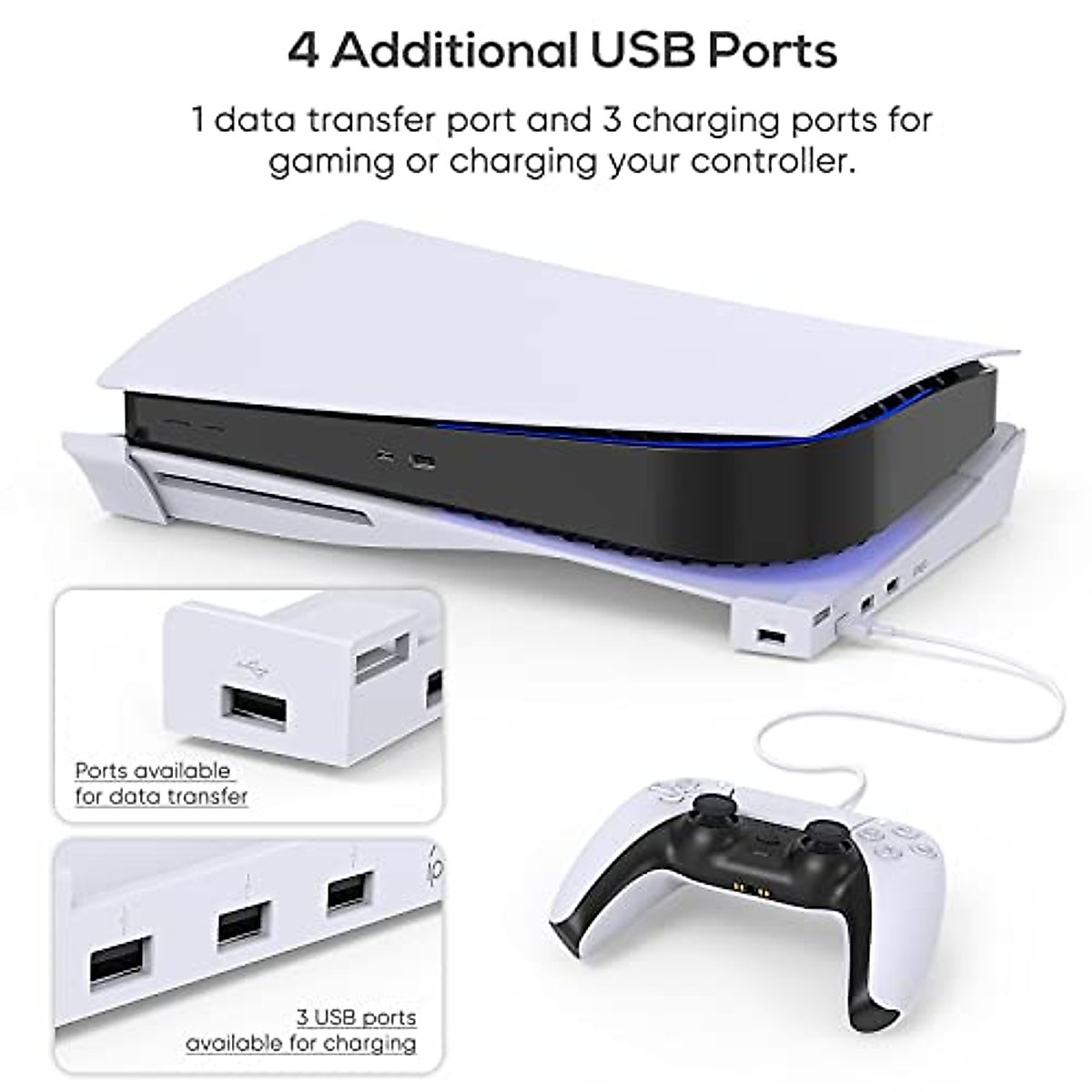 Horizontal Stand for PS5 Console with 4-Port USB Hub,MENEEA Upgraded Base Skate Holder Accessories for Playstation 5 Disc & Digital Edition,3 Charging Port Extension &1 USB 2.0 Data Port