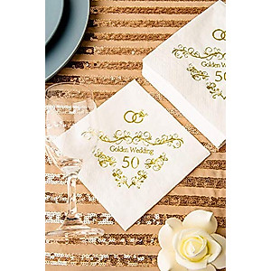 Crisky 50th Wedding Anniversaray Napkins Golden Cocktail Beverage Napkins, 50th Wedding Anniversary Decorations for Candy Cake Table, 50 Pcs, 3-ply