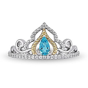 Jewelili Enchanted Disney Fine Jewelry Sterling Silver and 10K Yellow Gold With 1/10 CTTW Swiss Blue Topaz Jasmine Ring, Size 5