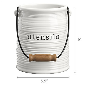 Barnyard Designs Ceramic Farmhouse Kitchen Utensil Holder for Countertop, Decorative Kitchen Utensil Holder, Large Kitchen Utensil Holder for Kitchen Counter, Utensil Crock Spatula Holder, 6" White