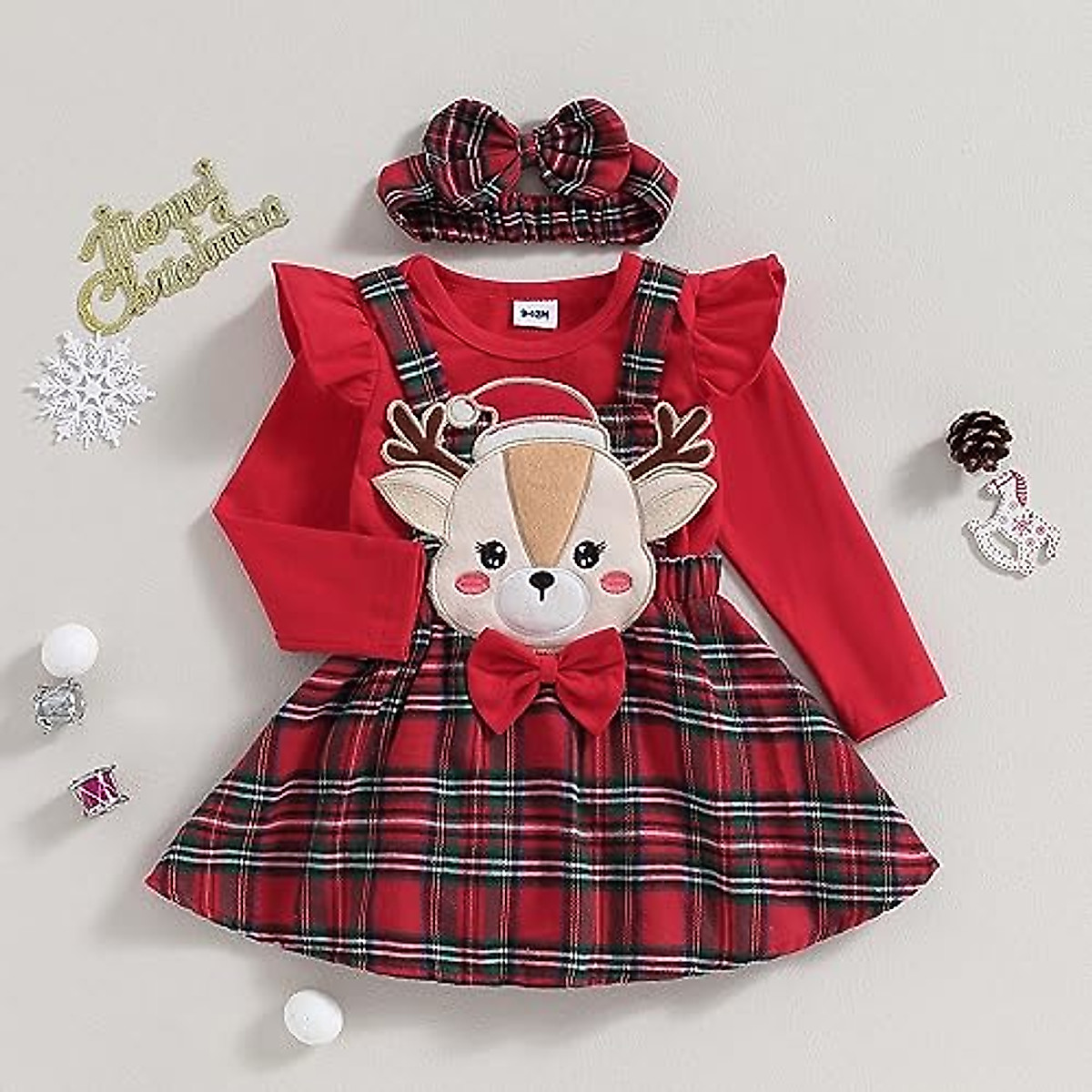 mlpeerw Newborn Baby Girl Christmas Outfit Infant Xmas Dress Clothes Ruffled Long Sleeve Romper Plaid Skirt Headband 3pcs (Red, 9-12 Months)