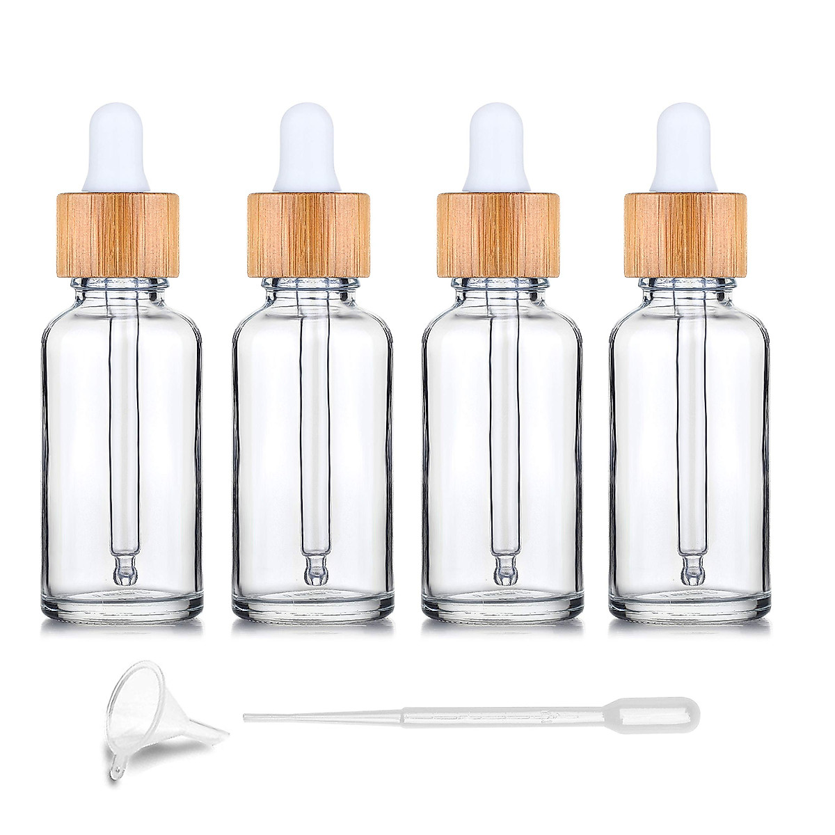 4 Pack,Clear Glass Dropper Bottle for Essential Oils,Empty Liquid Perfume Bottles With Pure Glass Pipettes,Bamboo Lid Cosmetic Travel Sample Container Vials-Pipette&Funnel included (30ml/1 Ounce)
