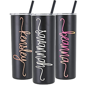 20 oz Stainless Steel Skinny Tumbler with Personalized Swirl Name Decal in Opal or Chrome Vinyl by Avito - Includes Straw and Lid - Bridesmaid, Bachelorette, Bridal Party Gifts, Mother's Day Gift
