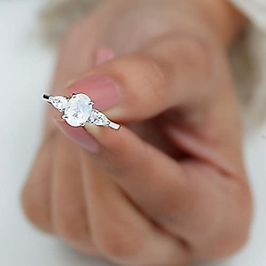 Certified Moonstone 3 Stone Engagement Ring for Women, AAA Quality, Past Present Future Ring - With Jewelry Box, 14K White Gold, Size:US 6.50