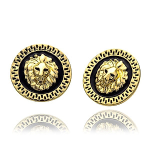 Yellow Gold Plated Black Round Earrings Stud Push Back Lion 1" L319