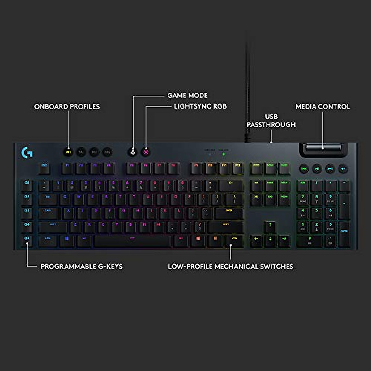 Logitech G815 LIGHTSYNC RGB Mechanical Gaming Keyboard with Low Profile GL Tactile key switch, 5 programmable G-keys, USB Passthrough, dedicated media control - Tactile