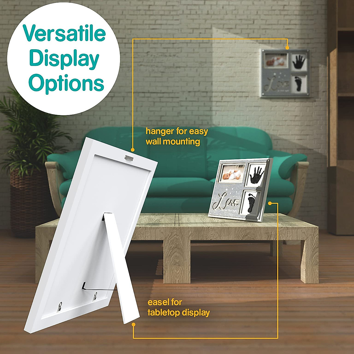 1Dino Premium Baby Handprint and Footprint Kit - 12.6” x 12.2" White/Grey Wood Baby Picture Frame - Includes 2X Clean Touch Ink Pad for Baby Hand and Footprints - Baby Registry, Baby Shower Gifts