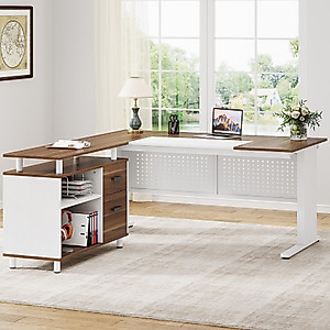 Tribesigns 63 Inch Executive Desk with File Cabinet, Large Office Desk L Shaped Computer Desk with Drawers and Storage Shelves, Business Furniture Desk Workstation for Home Office, White and Walnut