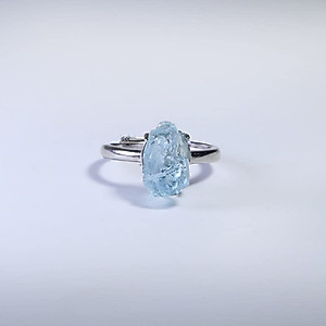 Sundarwald Small Aquamarine Raw Gemstone Varnished Brass Ring Adjustable for Women Men Unisex White Blue Stones Natural March Birthstone Slim Band Unique Simple Gifts