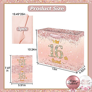 Vichona Rose Gold 16 & Sweet 16th Birthday Gift Bag for Girls, Sweet 16th Birthday Gifts Decorations for Girls, 16 Years Old Birthday Gift Bag Card for Daughter Granddaughter Friends